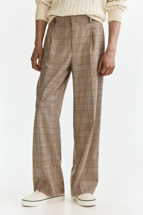 H&m Loose Fit Tailored Trousers - Beige/plaid