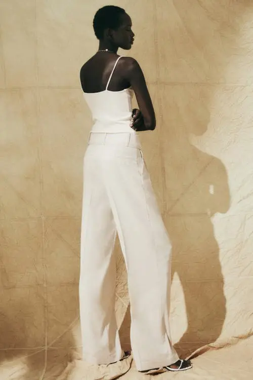 H&m Tailored Wide-leg Trousers With Belt - Light Beige