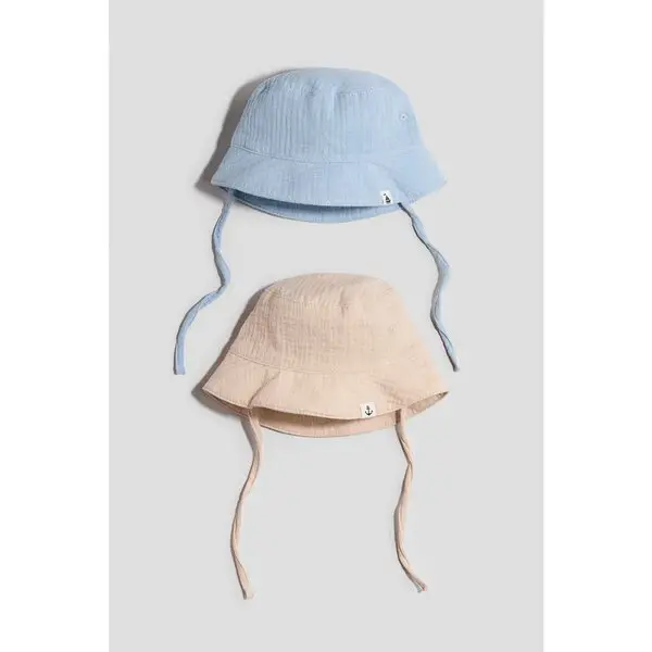 H&m 2-pack Cotton Muslin Sun Hats - Light Blue/light Beige