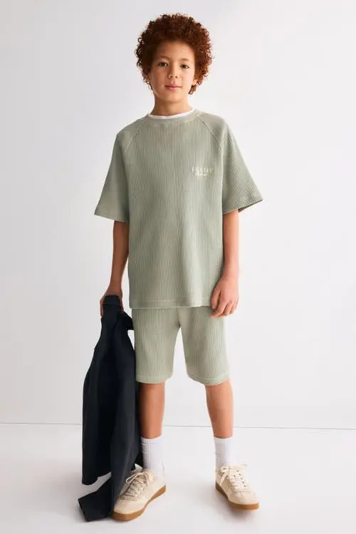 H&m 2-piece Waffled Jersey Set - Light Khaki Green