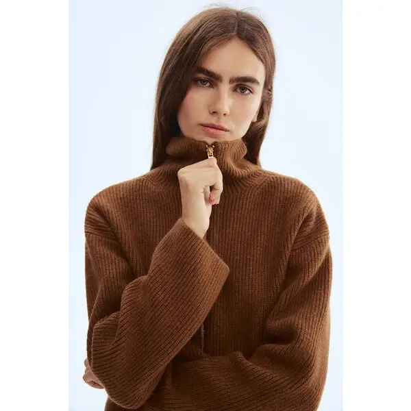 H&m Ribbed Zip-through Cardigan With Stand Collar