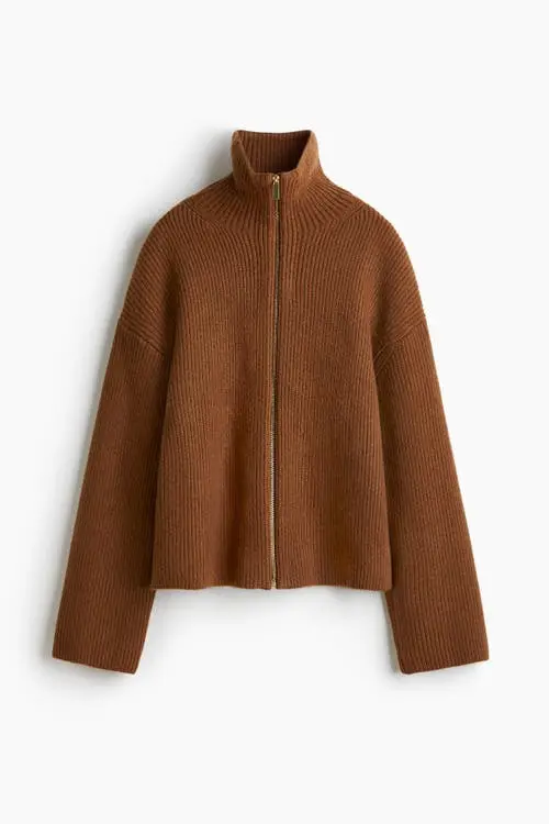 H&m Ribbed Zip-through Cardigan With Stand Collar
