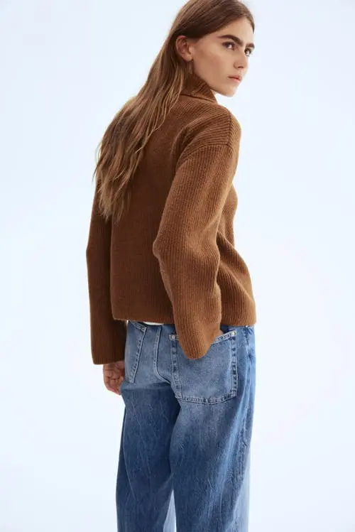 H&m Ribbed Zip-through Cardigan With Stand Collar