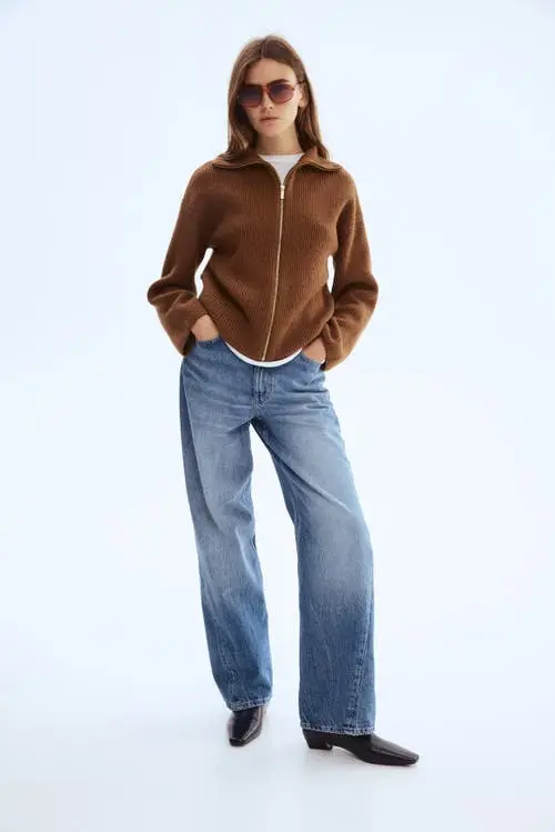 H&m Ribbed Zip-through Cardigan With Stand Collar