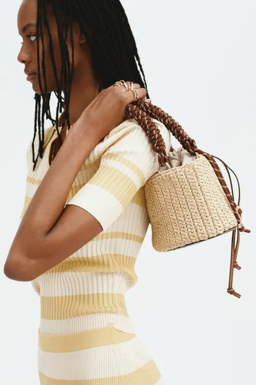 H&m Braided Straw Tote Bag With Knotted Rope Handles