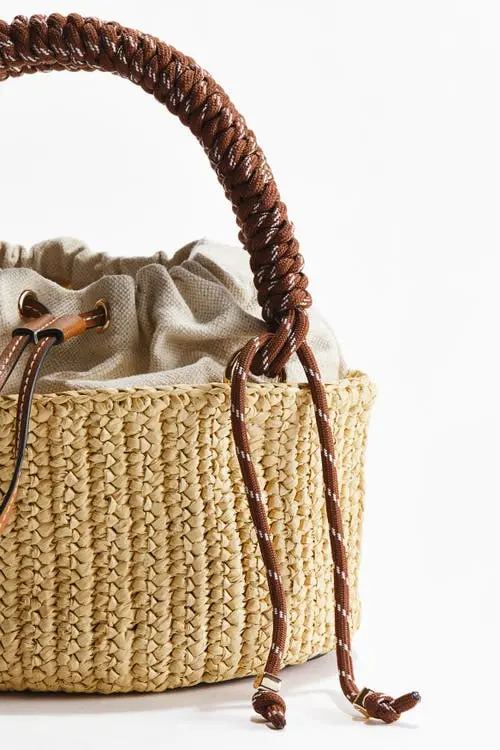 H&m Braided Straw Tote Bag With Knotted Rope Handles