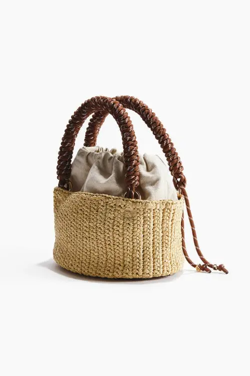 H&m Braided Straw Tote Bag With Knotted Rope Handles