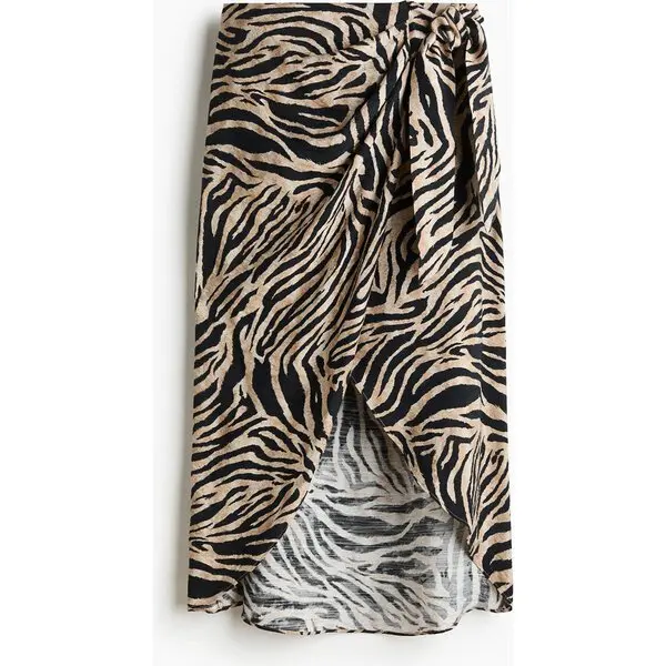 H&m Animal Print Wrap Midi Skirt - Beige/zebra Print