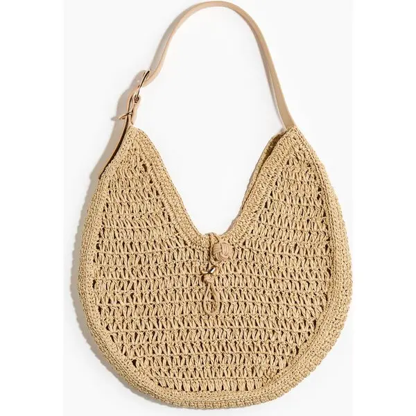 H&m Braided Straw Shoulder Bag With Knotted Fastener - Beige