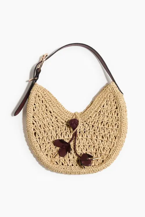 H&m Straw Shoulder Bag With Beaded Embellishment - Beige