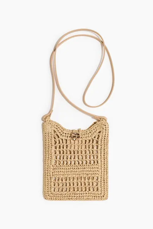 H&m Straw Phone Bag With Metal Button Fastening - Beige