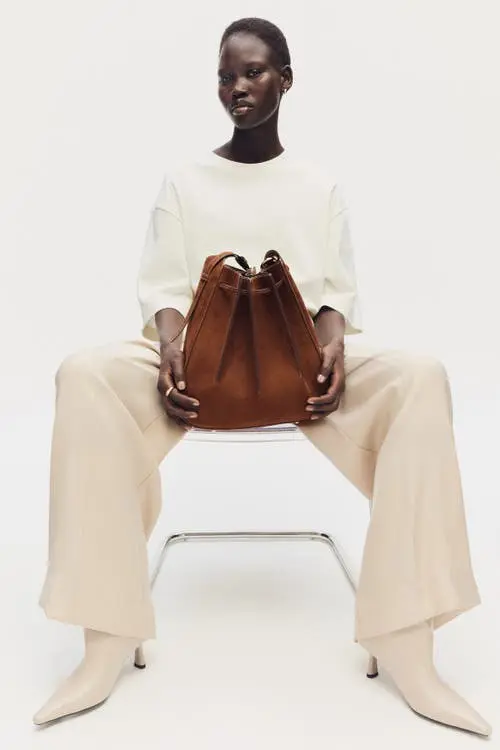 H&m Pleated Shoulder Bag With Drawstring And Metal Clasp
