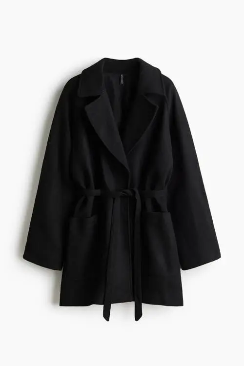 H&m Belted Notch Lapel Long Sleeve Coat