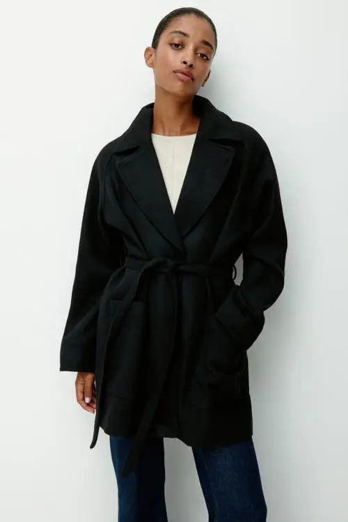 H&m Belted Notch Lapel Long Sleeve Coat