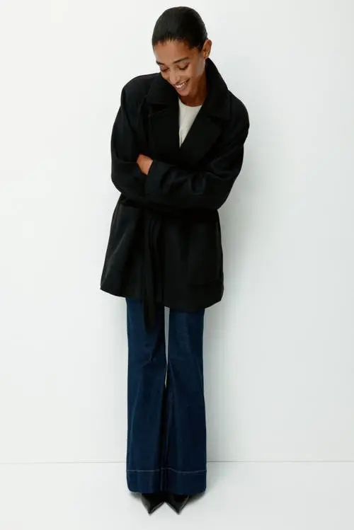H&m Belted Notch Lapel Long Sleeve Coat