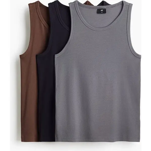 H&m 3-pack Ribbed Cotton Blend Vest Tops - Brown/gray