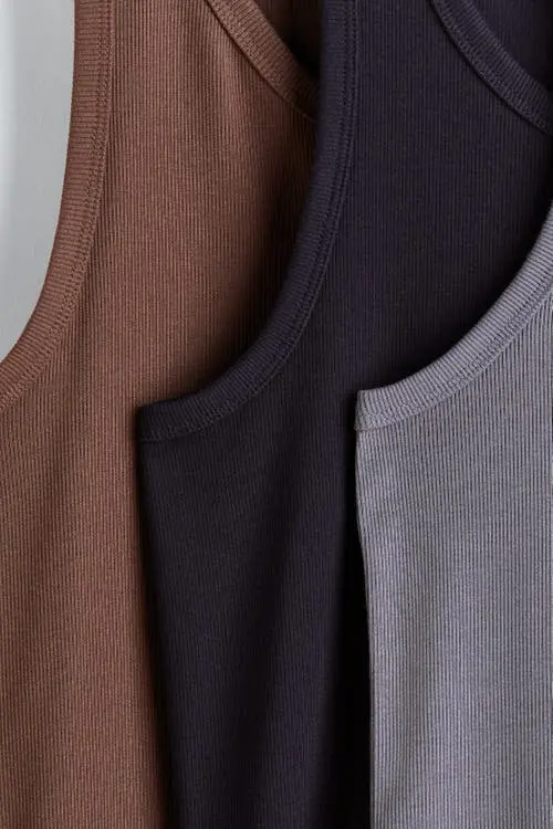 H&m 3-pack Ribbed Cotton Blend Vest Tops - Brown/gray