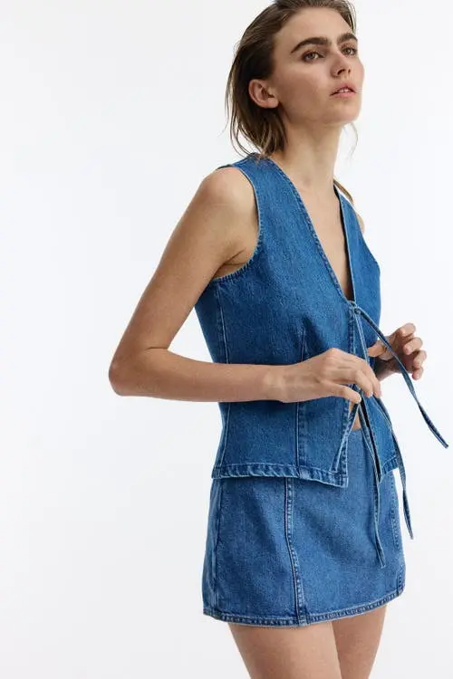 H&m Tie-front Denim Waistcoat - Denim Blue
