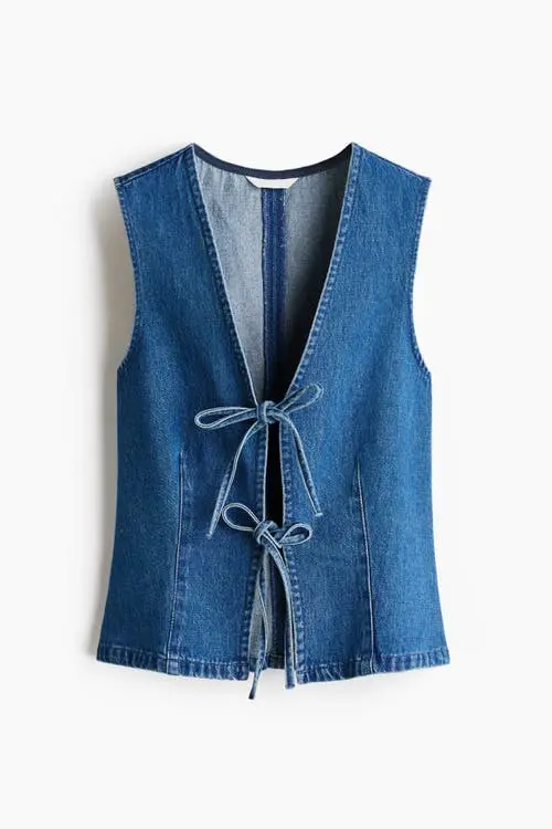 H&m Tie-front Denim Waistcoat - Denim Blue