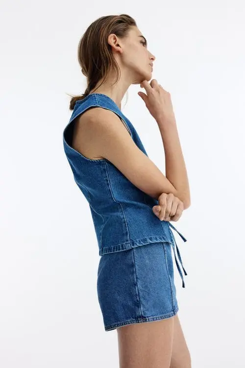 H&m Tie-front Denim Waistcoat - Denim Blue