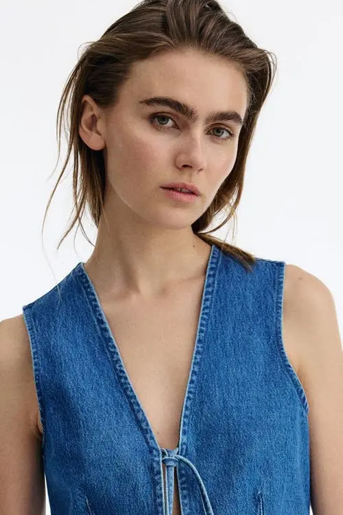 H&m Tie-front Denim Waistcoat - Denim Blue