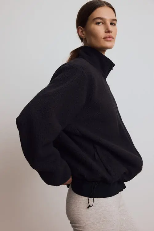 H&m Teddy Zip-up Sports Jacket With Stand Collar