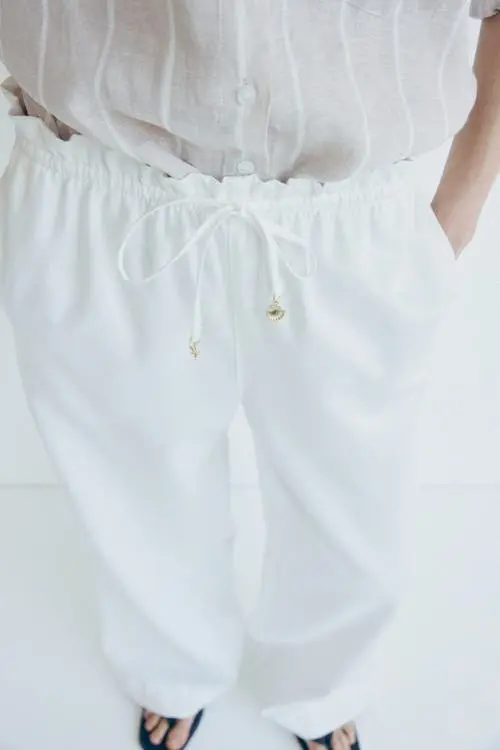 H&m Tie-belt Paper Bag Waist Wide-leg Trousers - Cream