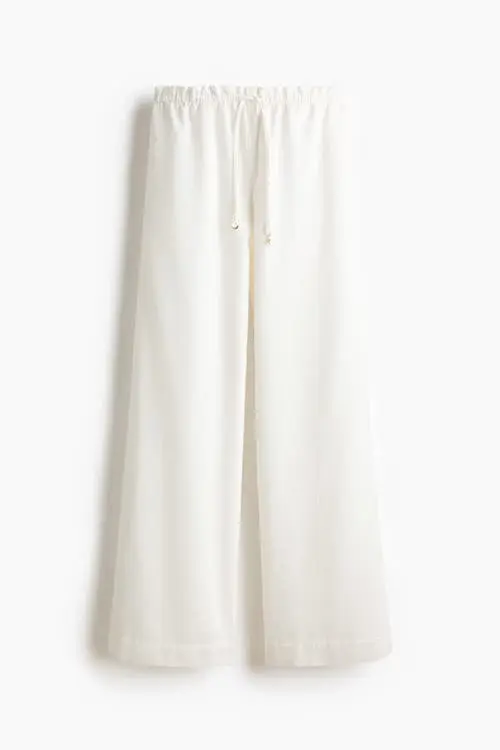 H&m Tie-belt Paper Bag Waist Wide-leg Trousers - Cream