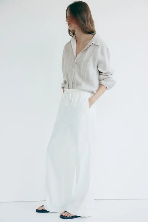 H&m Tie-belt Paper Bag Waist Wide-leg Trousers - Cream