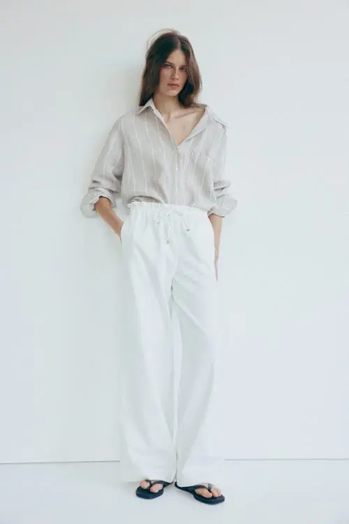 H&m Tie-belt Paper Bag Waist Wide-leg Trousers - Cream