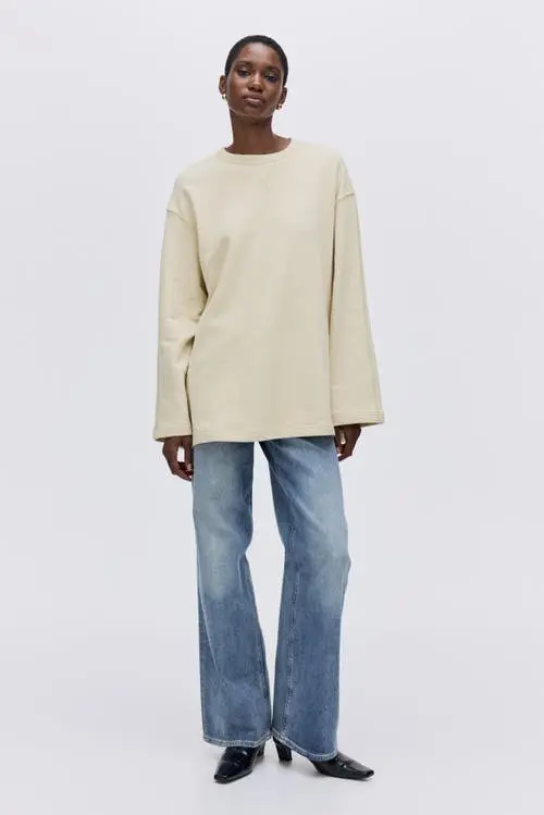 H&m Text Motif Embroidered Crewneck Sweatshirt - Light Yellow/atelier