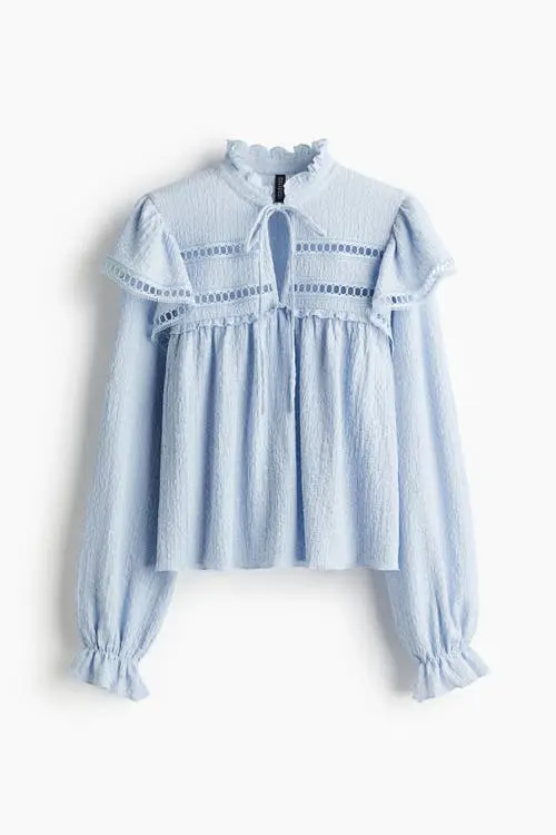 H&m Textured Jersey Blouse With Frill Collar And Lace Insets