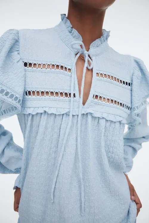 H&m Textured Jersey Blouse With Frill Collar And Lace Insets