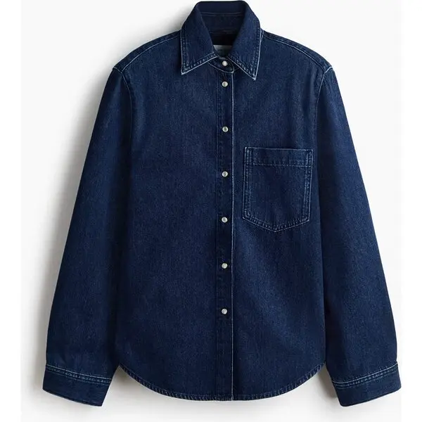 H&m Denim Shirt With Pearly Press-studs And Shoulder Pads