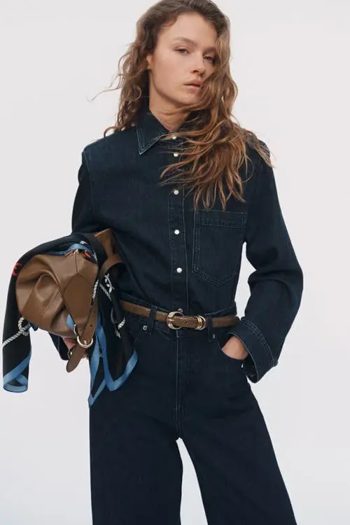 H&m Denim Shirt With Pearly Press-studs And Shoulder Pads