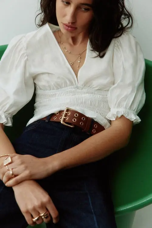 H&m Smocked-waist Puff Sleeve Blouse - White