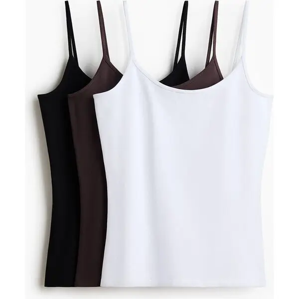 H&m 3-pack Cotton Jersey Strappy Tops - White/dark Brown/black