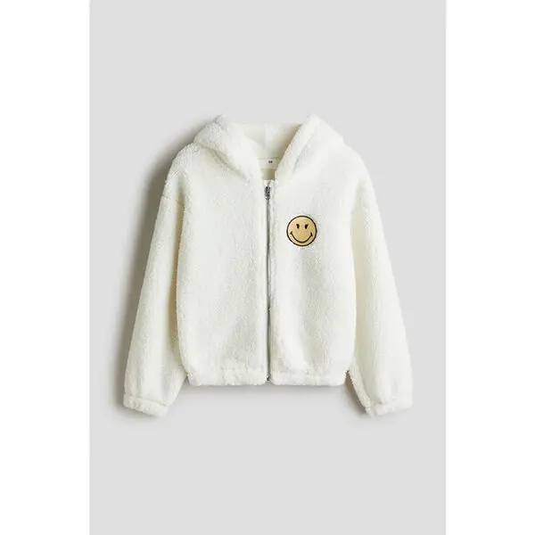 H&m Teddy Zip-through Hoodie With Embroidered Motifs - White/smileyworld®