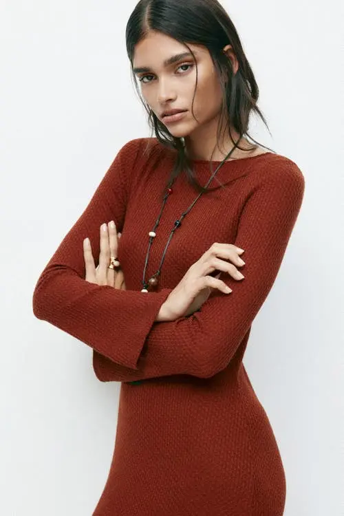 H&m Textured Knit Maxi Dress With Boat Neckline And Long Sleeves