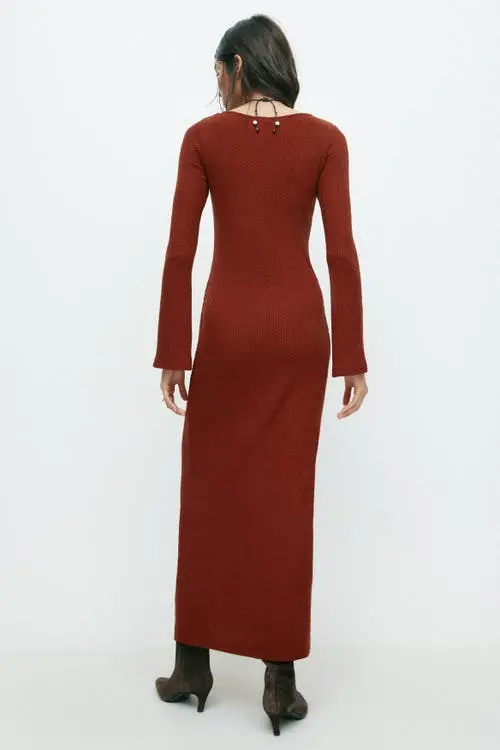 H&m Textured Knit Maxi Dress With Boat Neckline And Long Sleeves