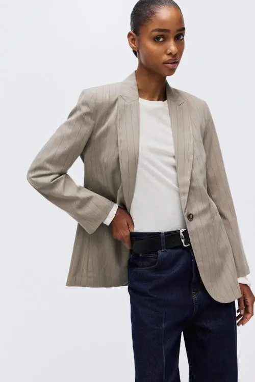 H&m Single-breasted Blazer With Peak Lapels - Beige/pinstriped