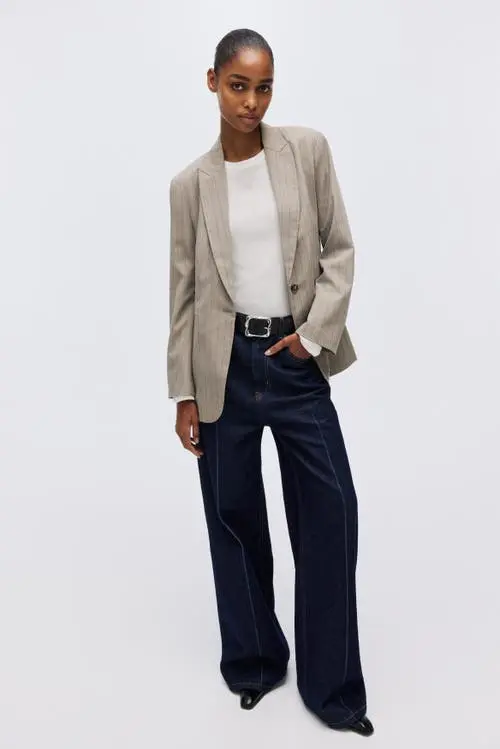 H&m Single-breasted Blazer With Peak Lapels - Beige/pinstriped