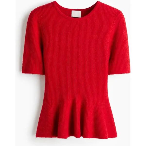 H&m Rib-knit Peplum Top With Round Neckline And Short Sleeves