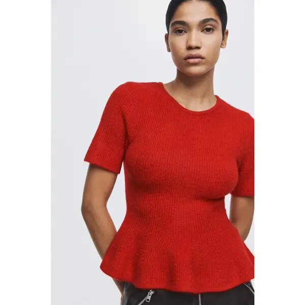 H&m Rib-knit Peplum Top With Round Neckline And Short Sleeves