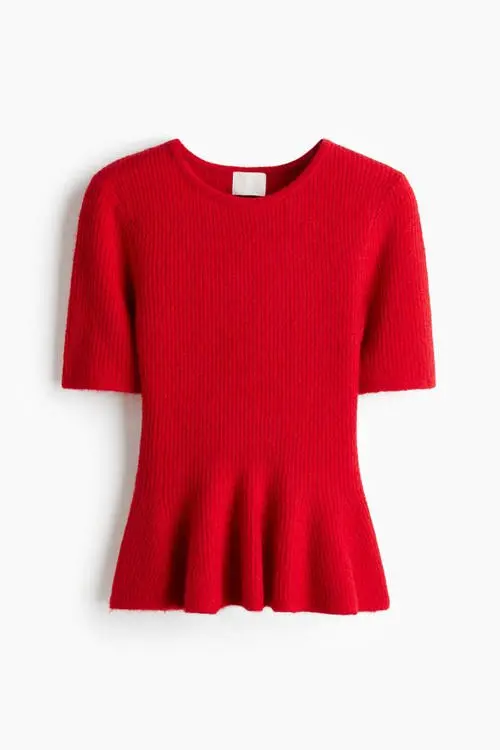 H&m Rib-knit Peplum Top With Round Neckline And Short Sleeves
