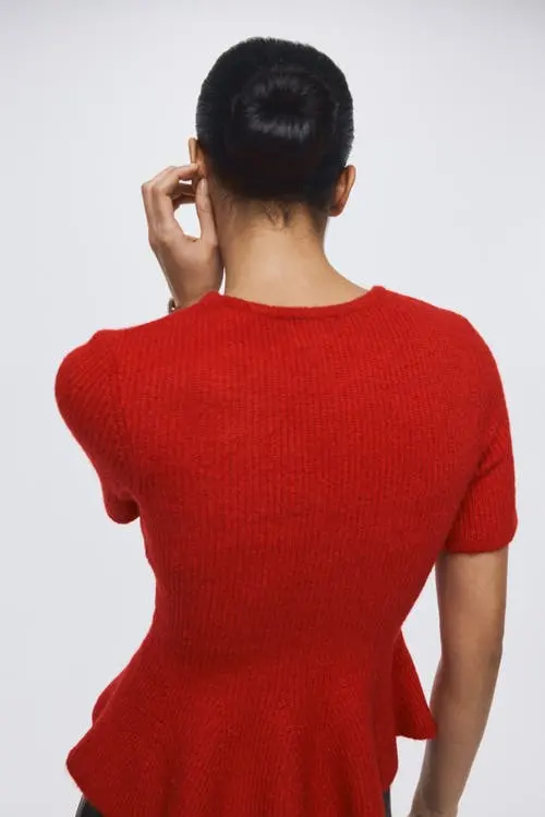 H&m Rib-knit Peplum Top With Round Neckline And Short Sleeves