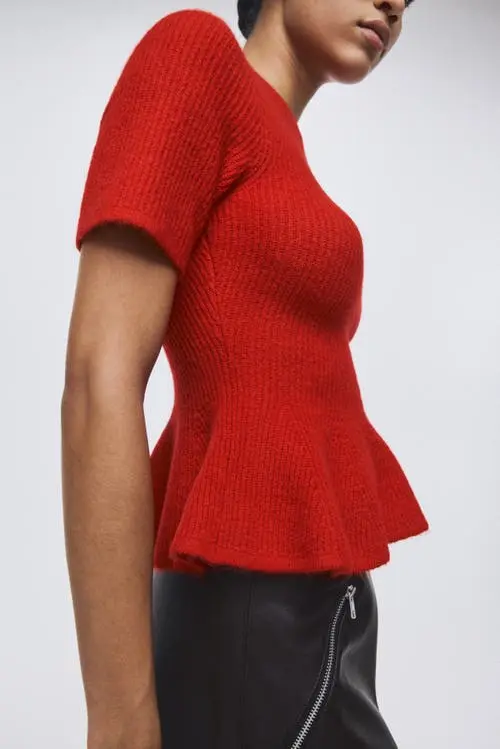 H&m Rib-knit Peplum Top With Round Neckline And Short Sleeves