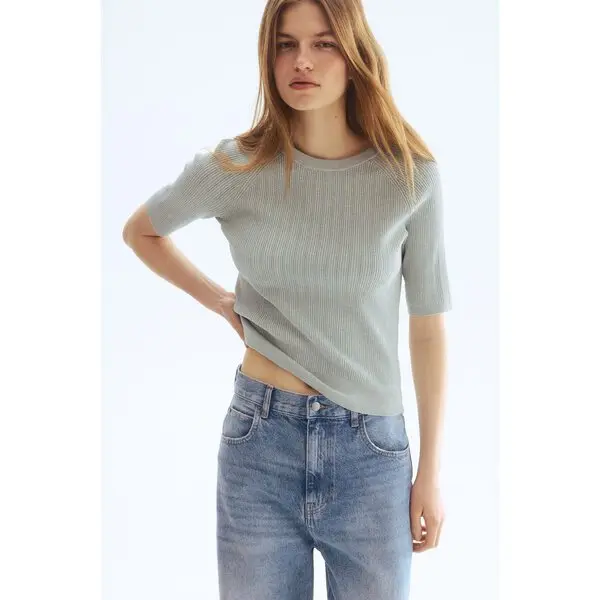 H&m Rib-knit T-shirt With Pointelle Details