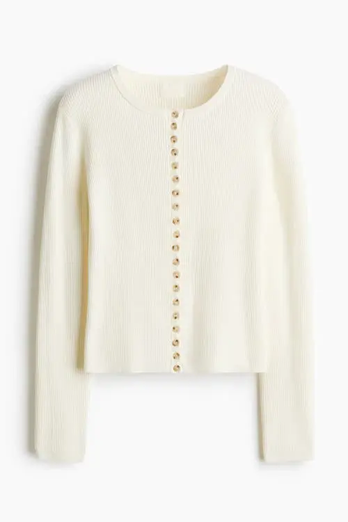 H&m Ribbed Knit Cropped Cardigan With Scalloped Button Detail - Cream