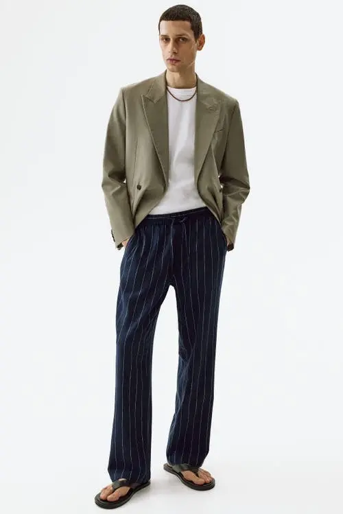 H&m Relaxed Fit Linen-blend Trousers - Navy Blue/striped